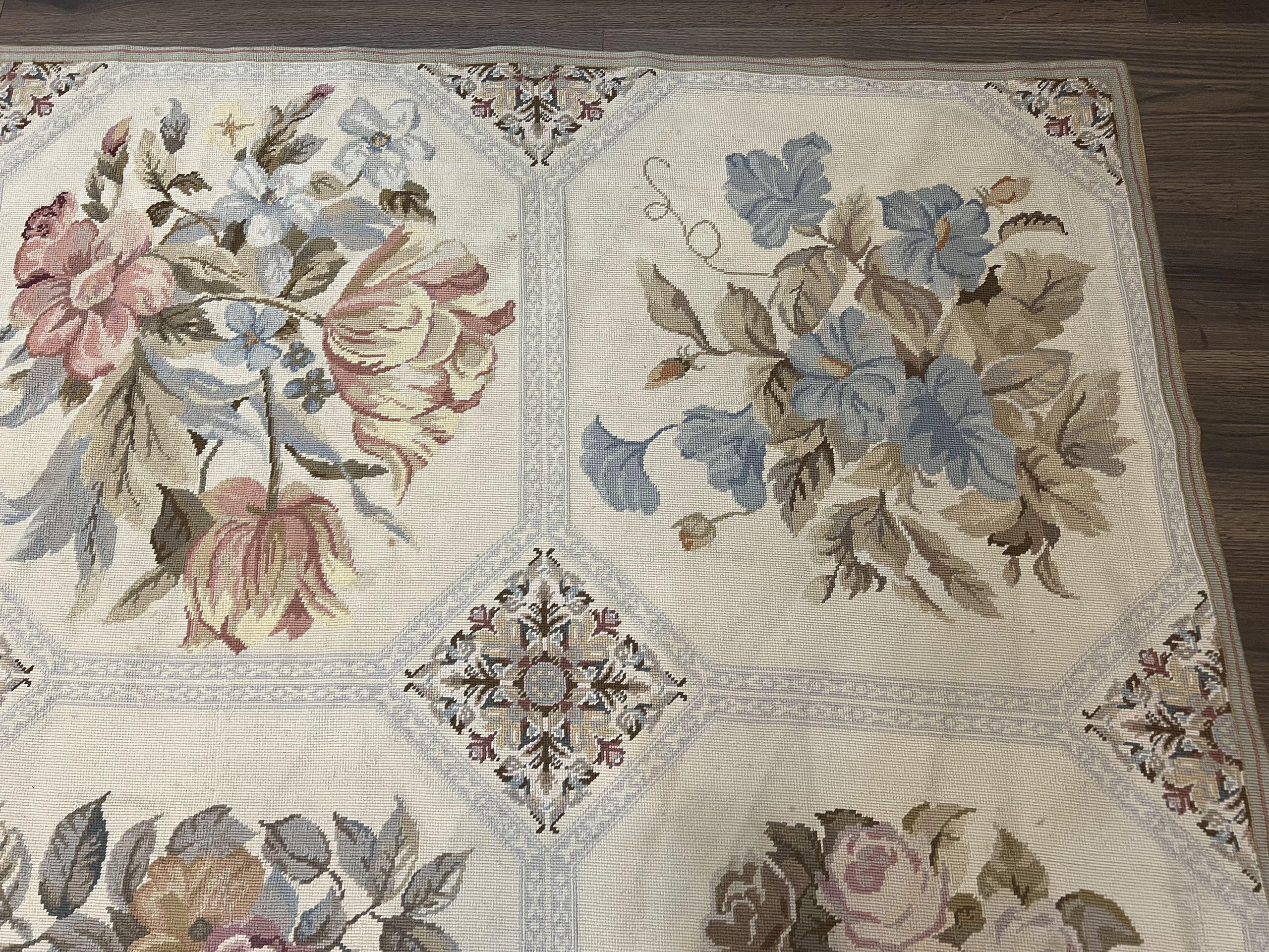 Vintage Needlepoint Rug 8x11, Floral Panel Design, Flatweave Handmade ...