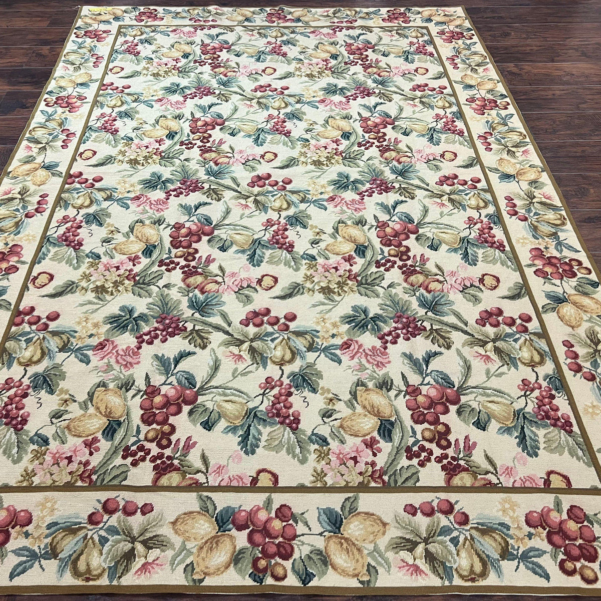 Floral Needlepoint Rug 6x9, Fruits Grapes Allover Floral Design, Beige ...