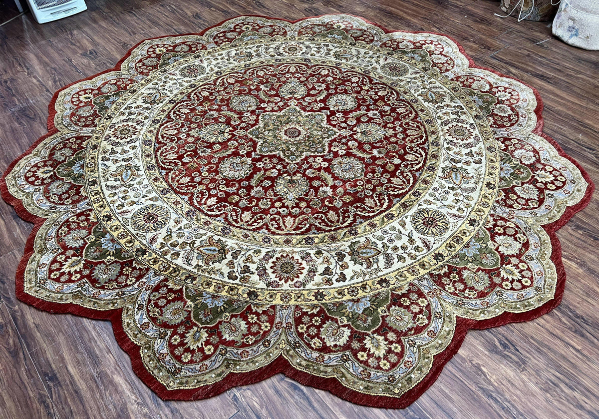 8ft Round Hand Knotted Rug, Unique Flower Petal Shape, 8x8 Circular Wo ...