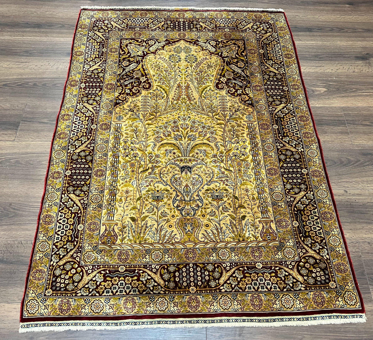 Silk Turkish Hereke Rug 3x5, Gold and Burgundy Hand Knotted Silk Herek ...