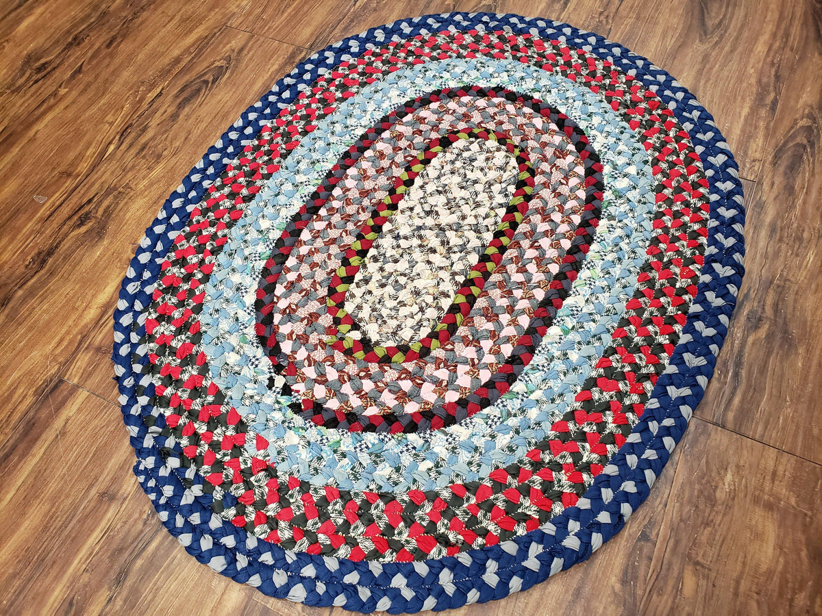 Oval Braided Rug, Vintage Hand Braided Rug, Blue Oval Rug, Multicolor ...